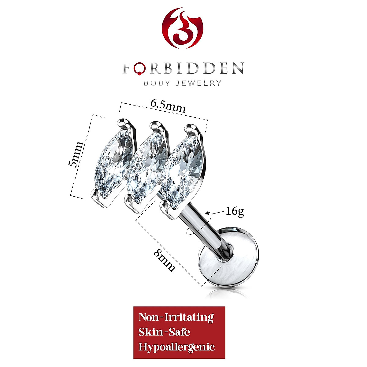 Forbidden Body Jewelry 16g Internally Threaded Surgical Steel Tri-CZ Top Cartilage Stud - 8mm Clear