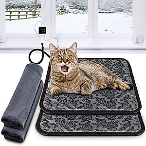 2 Pcs Pet Heating Pad Heated Dog Bed Waterproof Cat Warming Pad Adjustable Heated Dog Pad Pet Electric Heating Mat with Washable Cover, Switch, Anti Bite Steel Cord for Pets Puppy 17.7 x 17.7" (Gray)