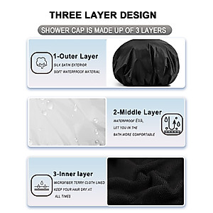 YIZIJIZI Terry Lined Shower Cap,Triple Layer Large Cap for Women,Shower Cap Reusable Waterproof,Long Thick Hair(Black)