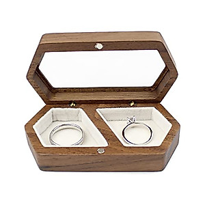 DSHOM Wooden Ring Box Transparent Lid Couple Rings Box for Engagement Wedding Box Two Slots White Velvet Small Jewelry Box for Stud Earrings Bracelet Necklace