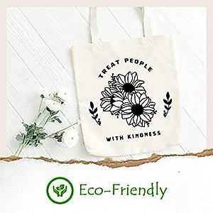 SAUIVD Treat People With Kindness Canvas Tote Bags Gift Sunflower Cotton Shopping Bags Reusable Washable