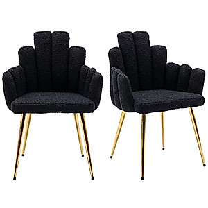VESCASA Sherpa Accent Chairs with Petal Back, Mid-Century Modern Upholstered Dining Chairs with Arms, Makeup Vanity Chairs with Gold Metal Legs for Living Room/Bedroom, Set of 2, Black