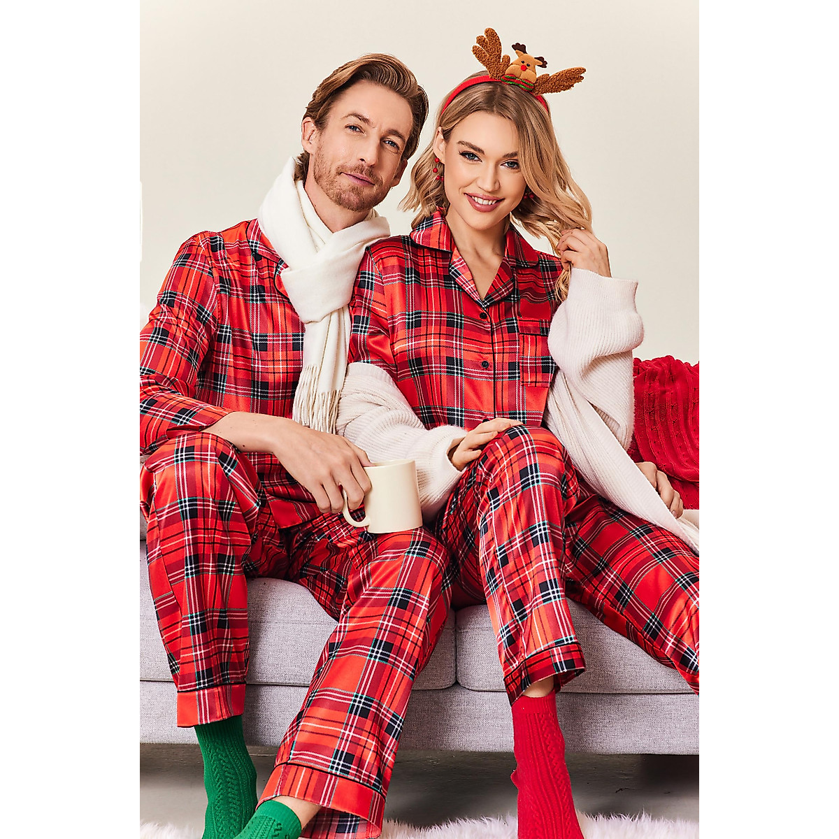 Ekouaer Matching Christmas Pajamas for Couples Silky Soft Sleepwear Winter Long Sleeve Button Up Two Piece Pjs,Christmas Red Plaid,M