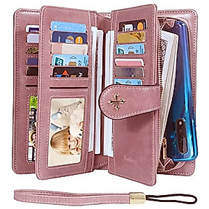 Long Wallets for Women PU Leather Credit Card Holder with Zipper Compartment Large Capacity Trifold Clutch Wristlet Multi Card Case Wallet (3-Pink)