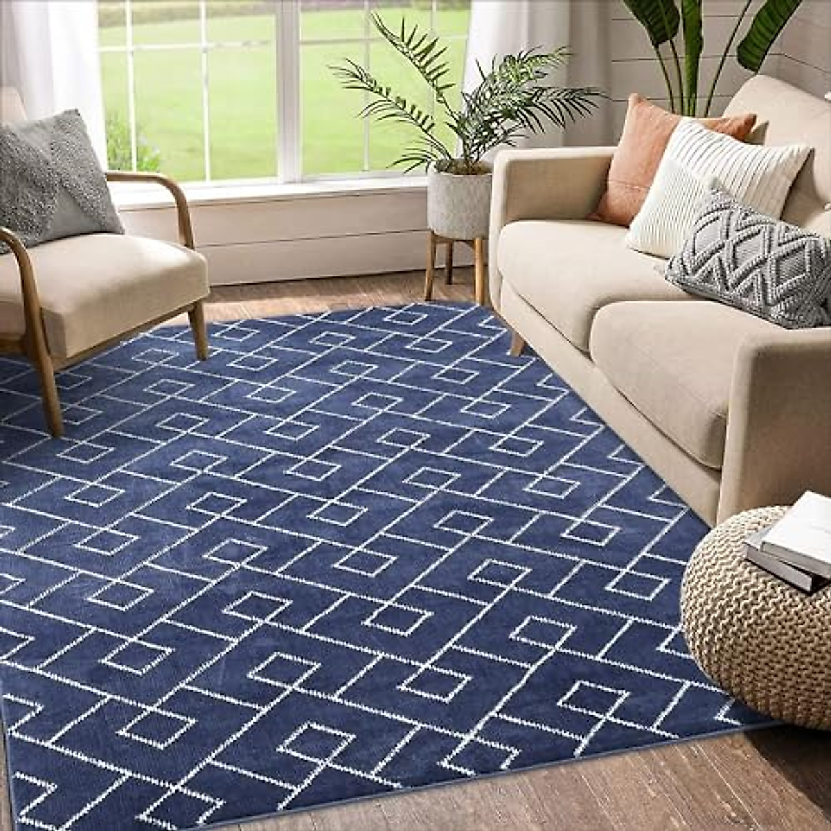 COZYLOOM 8x10 Modern Geometric Shag Rugs for Living Room Ultra Plush Diamonds Textured Area Rug Thick Fluffy Throw Carpet Boho Indoor Non-Slip Area Rug for Bedroom Home Office Floor Decor Navy