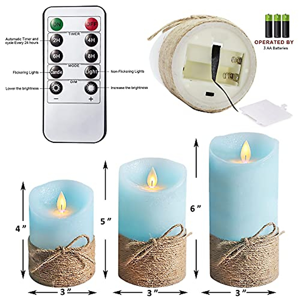 Petristrike Ocean Blue Flameless Candles, Nautical Themed Led Pillar Candles with Remote & Timer, Decorative Flickering Candles for Gifts, Party, Wedding, Home Decorations - Set of 3