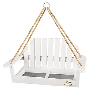 Solution4Patio White Swing Wild Bird Feeder for Outside, Metal Mesh Bottom, Cute Bench Bird Feeder or Squirrel Feeder for Yard, Porch Decoration, Large Capacity, Easy to Fill & Clean, #8455