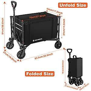 Raynesys 3 in 1 Collapsible Wagon Converts to Bench, 220lbs Foldable Wagon Cart with Wheels, 120L Shopping Cart for Groceries Folding Utility Wagon for Beach, Garden, Camping, Sport, Black