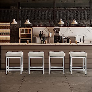 KATDANS Bar Stools Set of 2, 24" Counter Height Saddle Bar Stools, Upholstered PU Leather Bar Stools for Kitchen Island, Mid Century Modern Backless Barstools with Metal Base, KS861P-Cream, 2Pcs