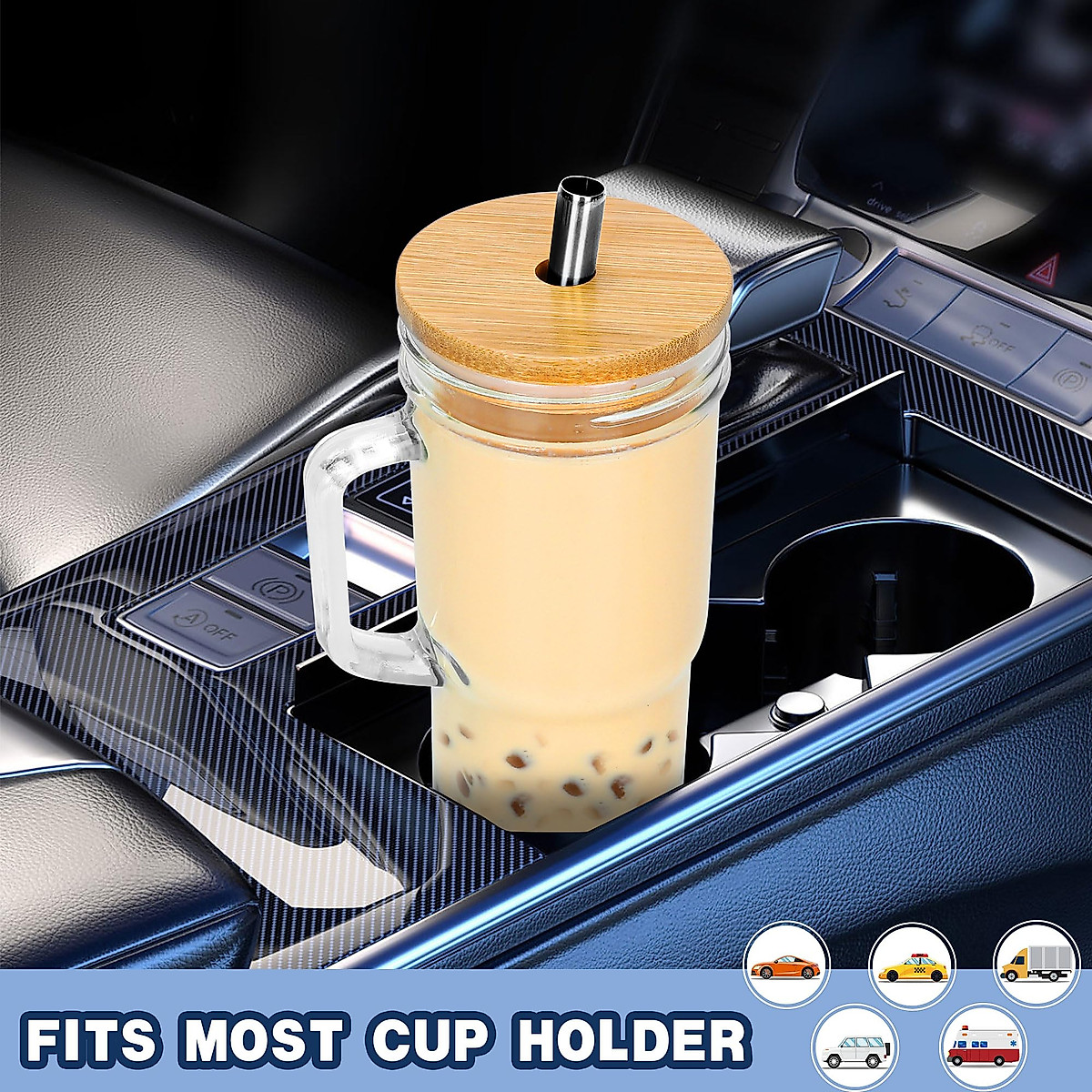 Ensccant 4Pack Glass Tumbler Cups with handle, 22oz Reusable Iced Coffee Cup with Bamboo Lid and Straw - Mason Jar Drinking Glasses for Cocktail, Beer, Smoothie Boba Tea, Juice - Non-slip Cup