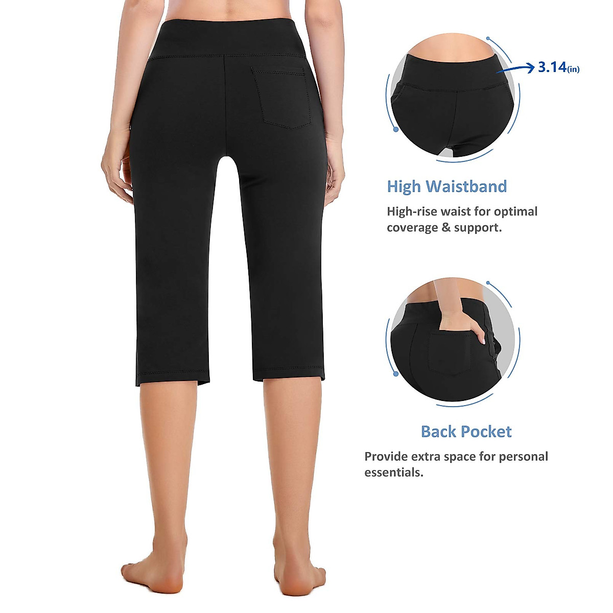 RIMLESS 7 Women's Capri Pants with Pockets Lounge Crop Yoga Pants Tummy Control Stretch Workout High Waist Athletic Pants P03-Black-L