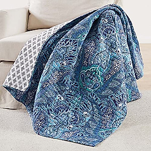 Levtex Home - Bellamy Teal - Throw - Regal Damask Design - Blue, Navy, Teal and White - Quilt (50x60in.) and Sham 50x60in. - Cotton/Cotton