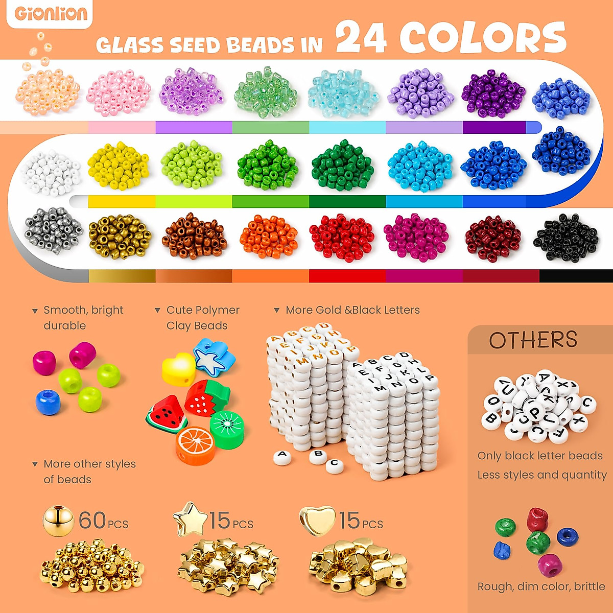 Gionlion 4mm Glass Seed Beads for Bracelets, 2 Boxes 24 Colors Bracelet Making Kit and Letter Beads for Jewelry Making, Friendship Bracelet Kit with Clay Beads for DIY Art Craft Kit Girls Gifts Toys