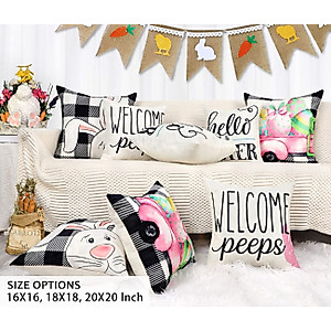 Easter Outdoor Pillow Covers, 18 x 18 inch Set of 4 Waterproof Throw Pillow Cases, Bunny Cushion Decor for Home Outside Patio Front Porch House Farmhouse B