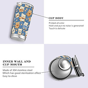 sanluoli Cartoon Bears Cute Plaids Stainless Steel coffee cup with Lid and Straw mugs for coffee for camping reusable insulated tumbler with lid 20 OZ