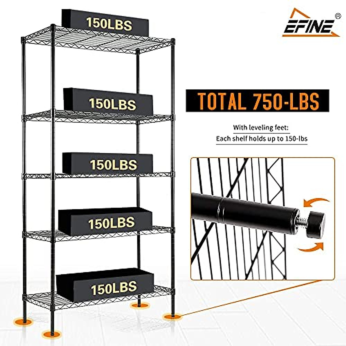 EFINE 2-Pack 5-Shelf Shelving Unit, Adjustable, Heavy Duty Carbon Steel Wire Shelves, 150lbs Loading Capacity Per Shelf, Units and Storage for Kitchen Garage (30W x 14D 60H) Black, S200-5X2
