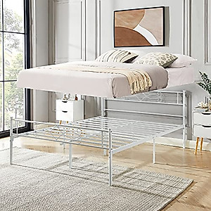 VECELO 14" Full Size White Metal Platform Bed Frame with Headboard,Premium Steel Slat Support/No Box Spring Needed/Noise-Free/Easy Assembly