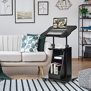 Tangkula Mobile Laptop Podium, Height Adjustable Podium Stand, Standing Desk, Rolling Desk Laptop Cart with Swivel Top & Movable Wheels