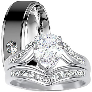 His and Hers TRIO Wedding Rings Set Her Sterling Silver Black Stainless Steel Band for Him