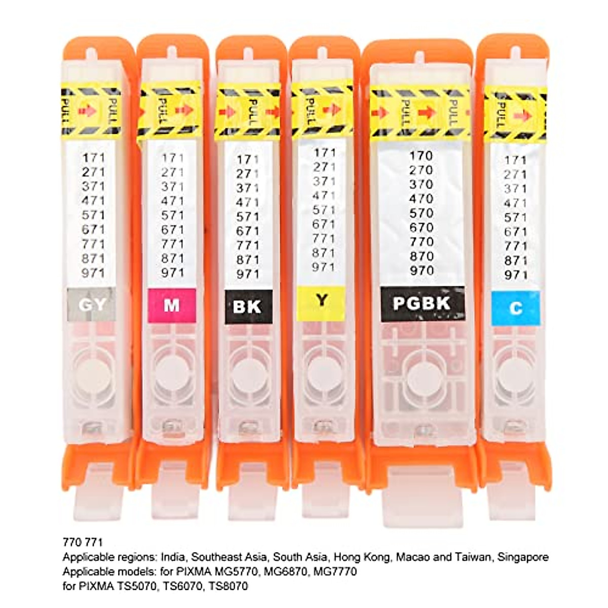 FTVOGUE 5PCS Ink Cartridge, Reusable Printing Ink Cartridge PGBK BK C M Y 5 Color for Printing (770-771)