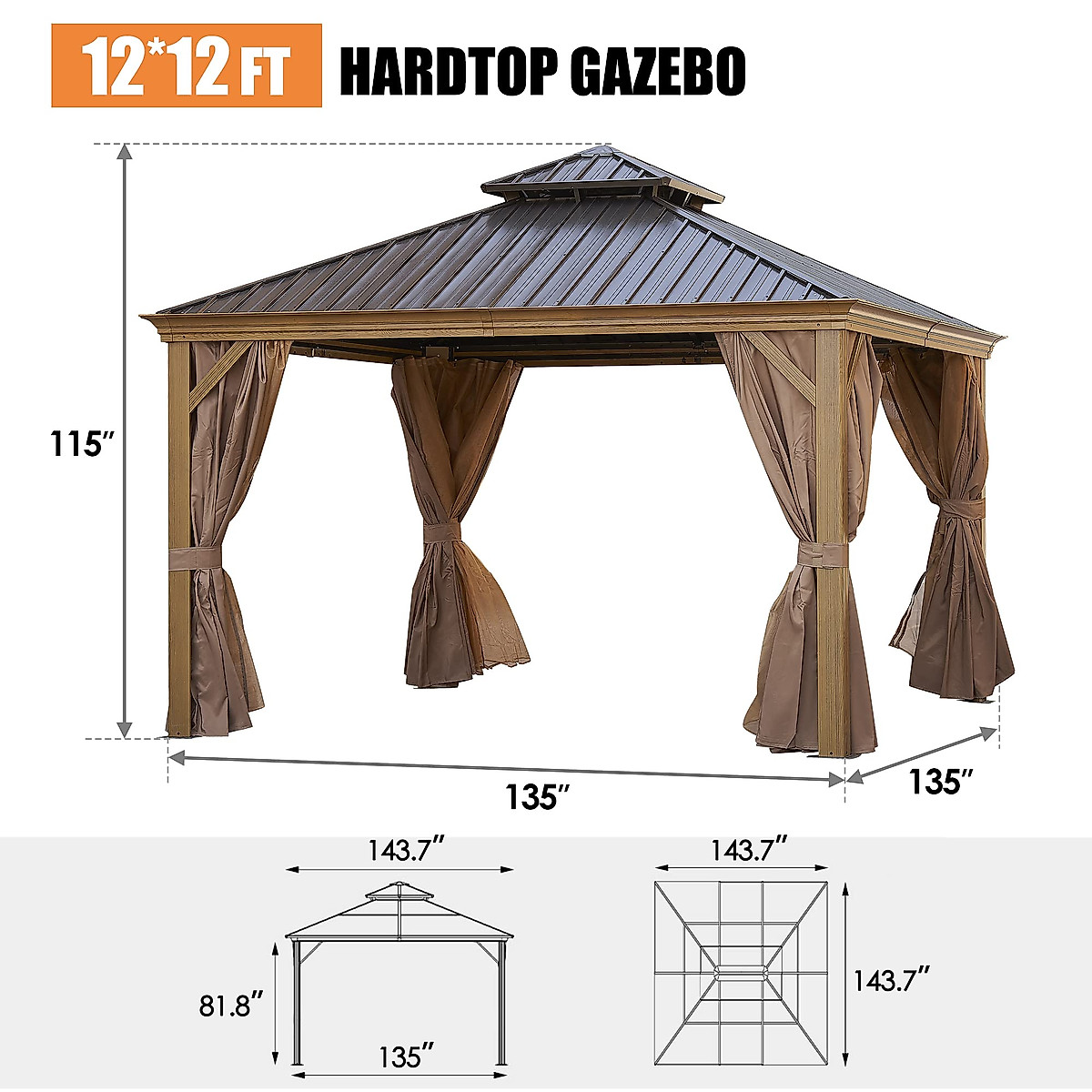 URTR Gazebo 12x12 FT, Outdoor Gazebo with Galvanized Steel Double Roof & Aluminum Frame, Hardtop Gazebo with Netting and Curtains,Patio Gazebo Pergola Pavilion for Gardens, Backyard Deck and Lawns