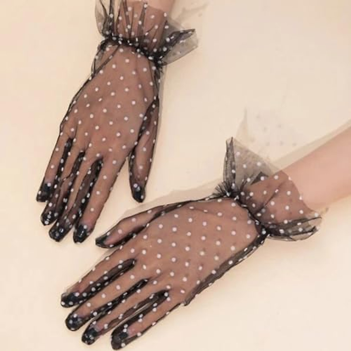 Latious Black Polka Dot Gloves Ladies Elegant Short Glove Tea Party Gloves Prom Party Glove Costume Gloves Accessories for Women and Brides (Black and White)