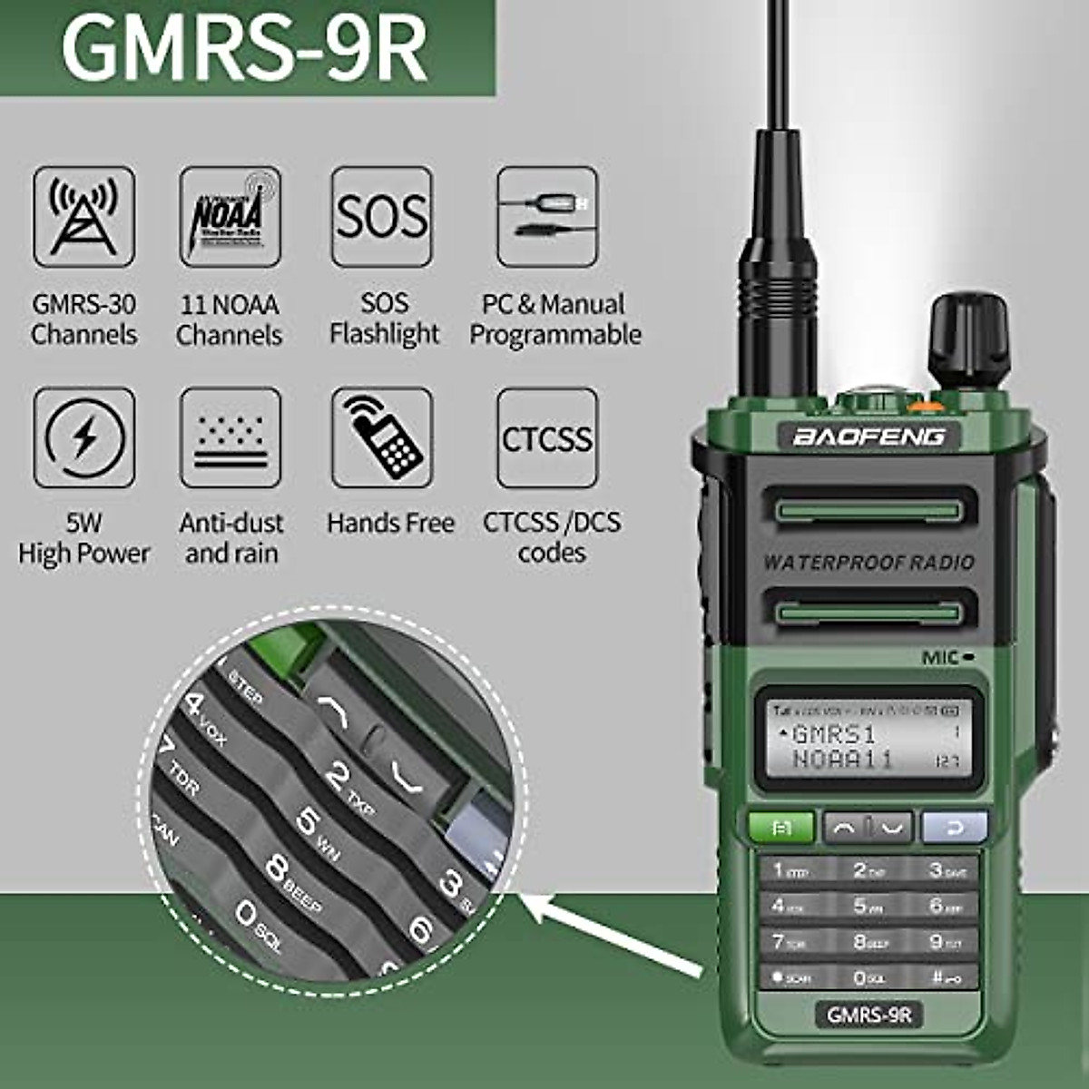 GMRS Radio Baofeng GMRS-9R 5W Rechargeable Two Way Radio for Adults,Waterproof IP67,NOAA Scanning&Receiving with Extra Original Battery,Programming Cable,Tactical Antenna,Speaker Mic,Tactical Bag