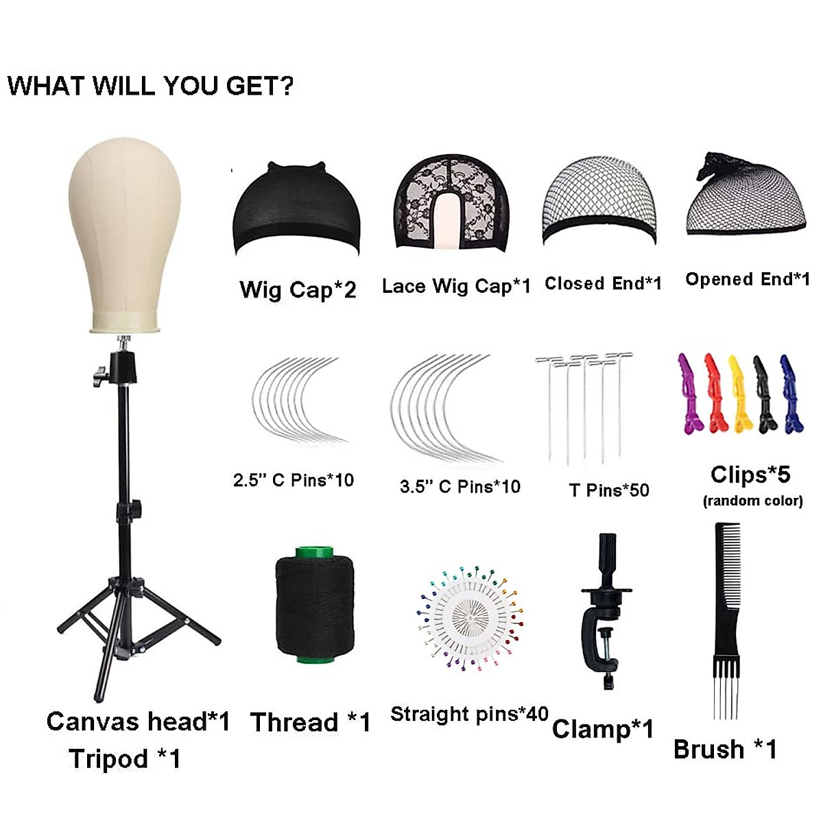 SZCY LLC 23 Inch Canvas Block Wig Head, Wig Stand Tripod with Head, Mannequin Head for Wigs, Manikin Canvas Head Block Set for Wigs Making Display with Wig Caps, T Pins C Pins Set Bristle Brush