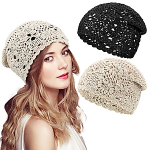 JenPen 2 Pieces Floral Crochet Slouchy Beanie Hat Handmade Knit Cutout Women Floral Skull Cap Stretchy Knitted Crochet Hat for Women (Black, Beige), Medium-Large