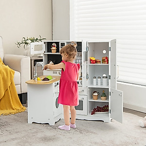 Costzon Kids Corner Kitchen Playset, 11-in-1 Wooden Play Kitchen Toy Set w/Realistic Washing Machine, Microwave, Oven, Stove, Refrigerator, Water Dispenser, Range Hood, Telephone, Utensils, Sink