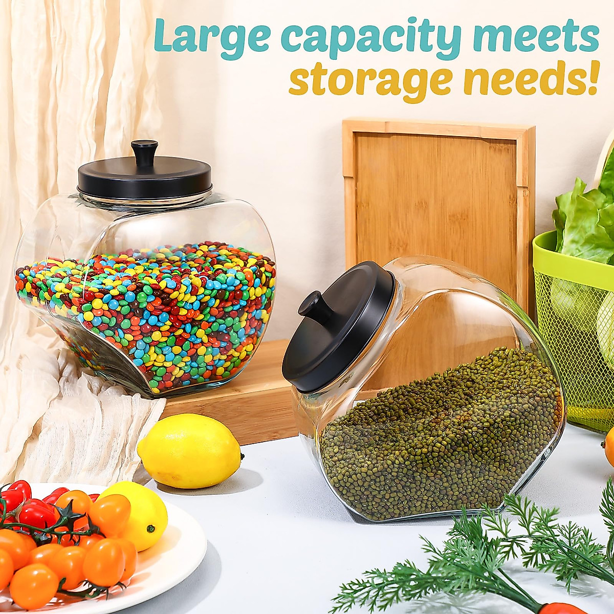 Mumufy Set of 3 Glass Slanted Storage Jar Large Candy Jars with Lids Cookie Jar with Black Matte Metal Top Tilted Clear Candy Containers Sealed Canister with Lid for Home Laundry Kitchen (75 oz)