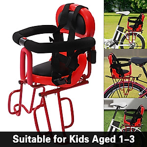 Futchoy Child Bike Seat, Rear Mounted Child Bike Seats, Back Mount Kids Seat with Non-Slip Armrests/Pedals Padde/Seat Belt/U-shaped Guardrail, Hold Up to 88lbs, Suitable for Children Aged 1-3 (Red)