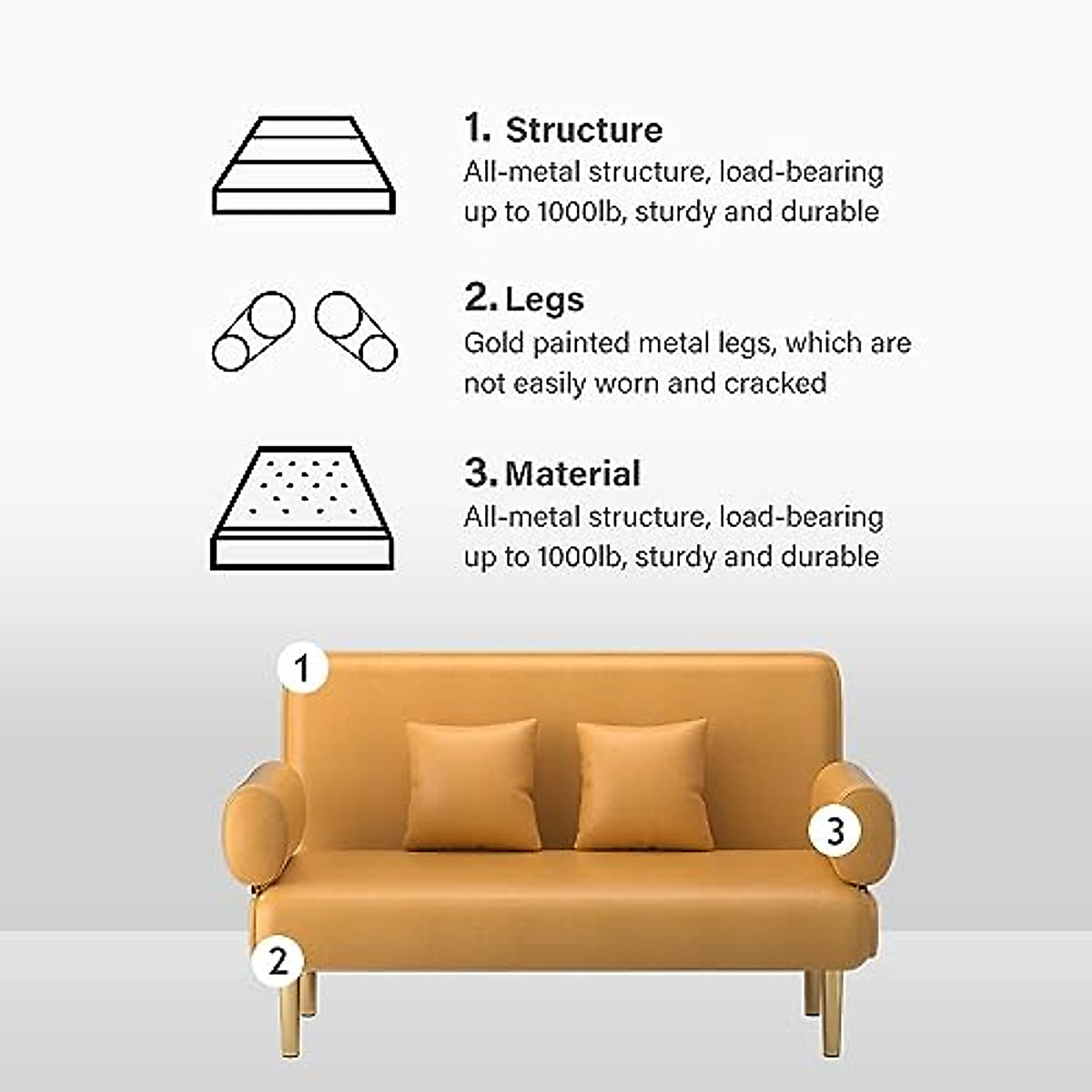 CIZIG Sofa Bed,74.8" L Futon Convertible Sleeper Sofa with 2 Pillows,Loveseat Sofa Bed, Adjustable Back Rest Couch,Small Leather Twin Sofa for Living Room,Bedroom,Movie Night,Honey-Orange