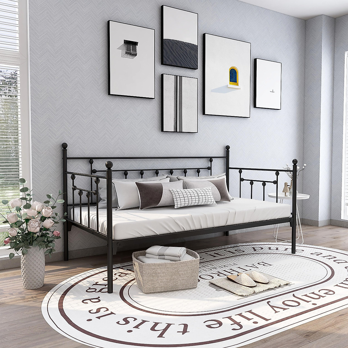 AUFANK Twin Size Daybed Frame Strong Metal Slats Platform Base Box Spring Replacement Bed Sofa for Living Room Guest Room Black