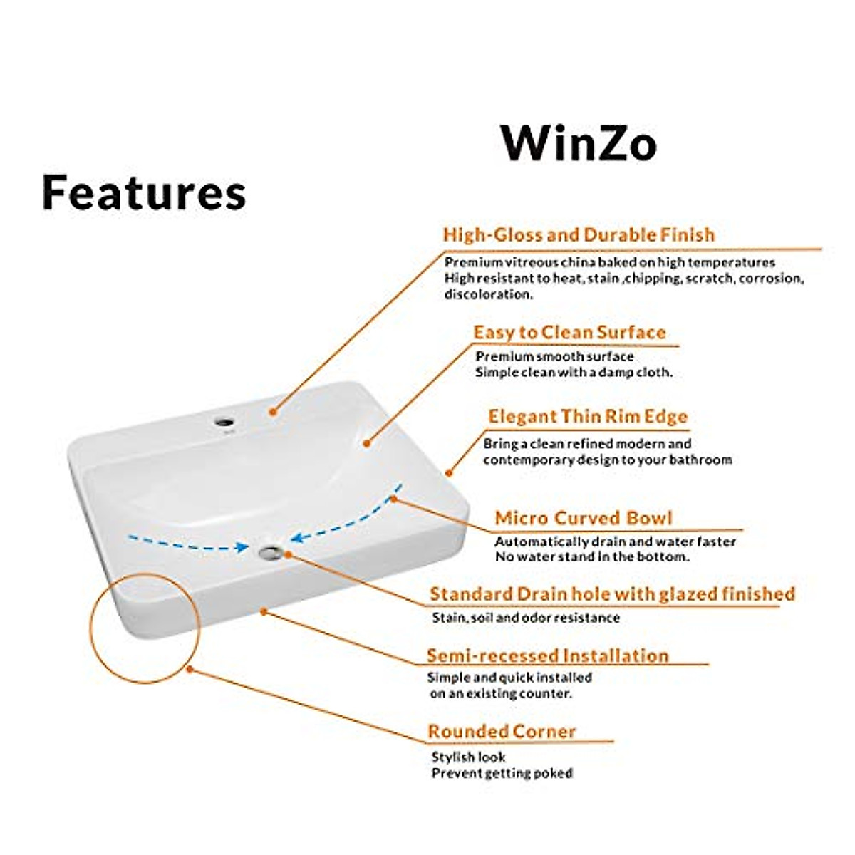 WinZo WZ6123D Drop-in Bathroom Vessel Sink Rectangular Semi-recessed Vanity Basin Included Porcelain Pop Up Drain White