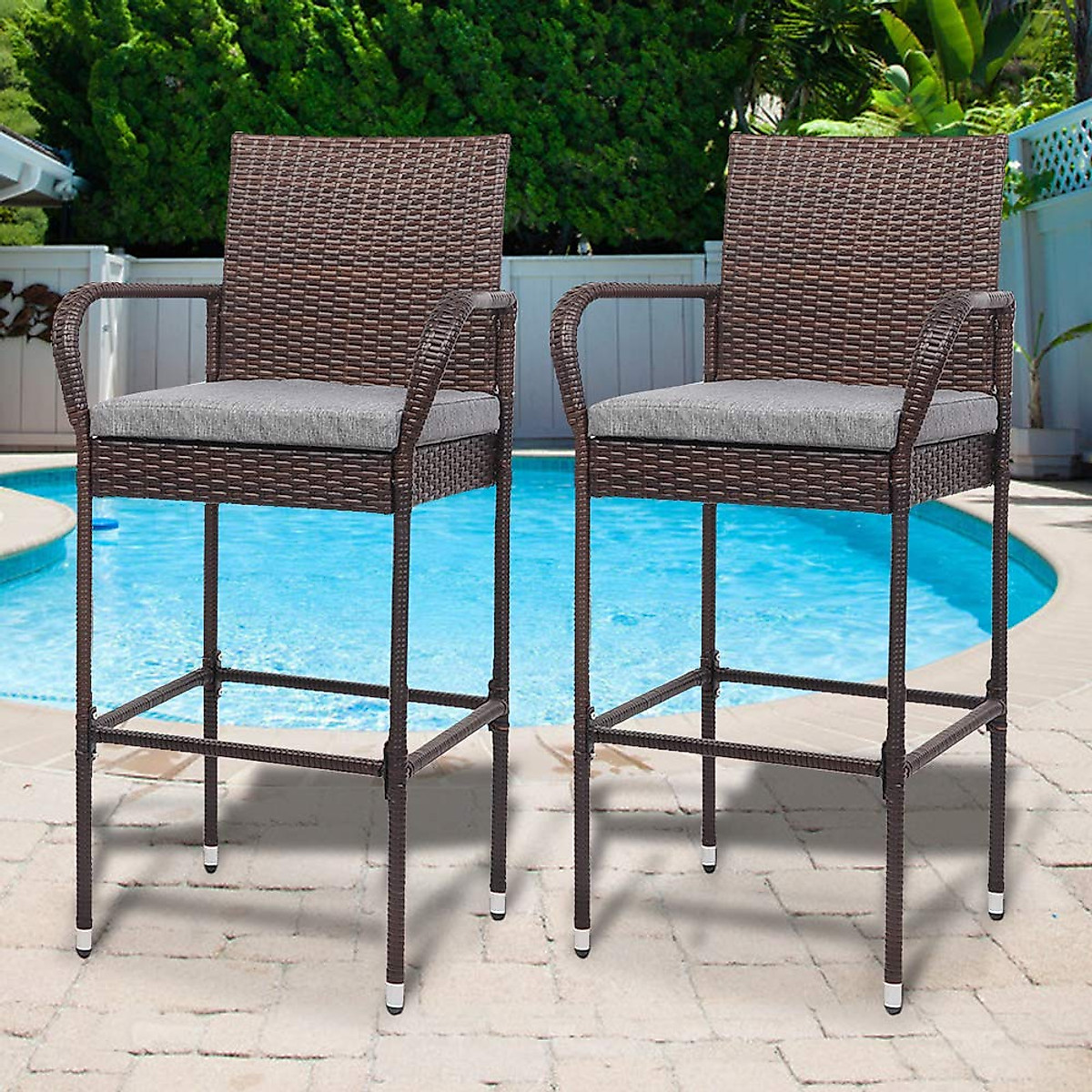 VINGLI Outdoor Wicker Bar Stools Set of 2 with Cushions, Outdoor Bar Chairs Bar Height Tall Patio Chairs, Outdoor Barstools for Garden Pool Lawn Backyard