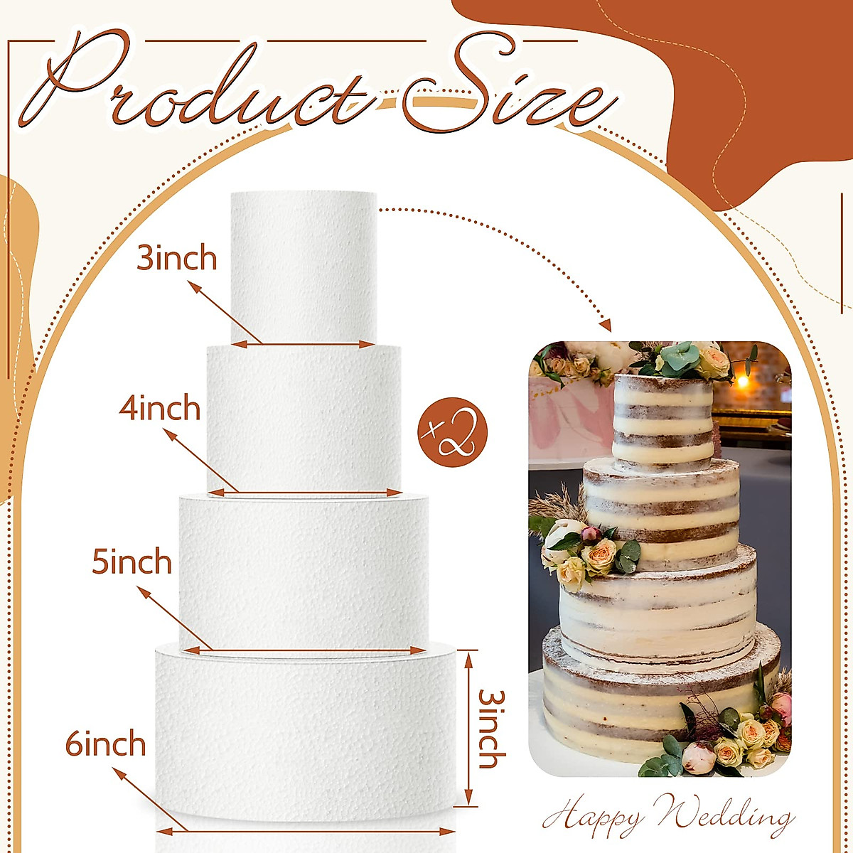 2 Pcs 4 Tier Round Foam Cake Dummies Fake Cake Dummy Set for Wedding Supplies Baby Shower Birthday Decorating Display, White (3/4/5/6 x 12 Inch)