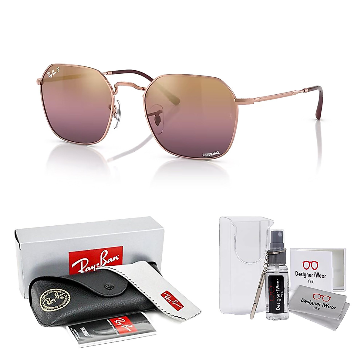 Ray-Ban RB3694 Jim 9202g9 53mm rose gold/red mirror polarized Chromance metal hexagon sunglasses for men for women + Bundle with designer iwear kit