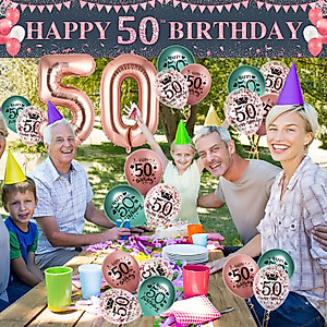 Rose Gold 50th Birthday Party Decorations for Women 50th Birthday Banner and 18pcs 50th Birthday Balloons for Women 50th Happy Birthday Banner for Anniversary Birthday Party Supply Garden Yard Decor