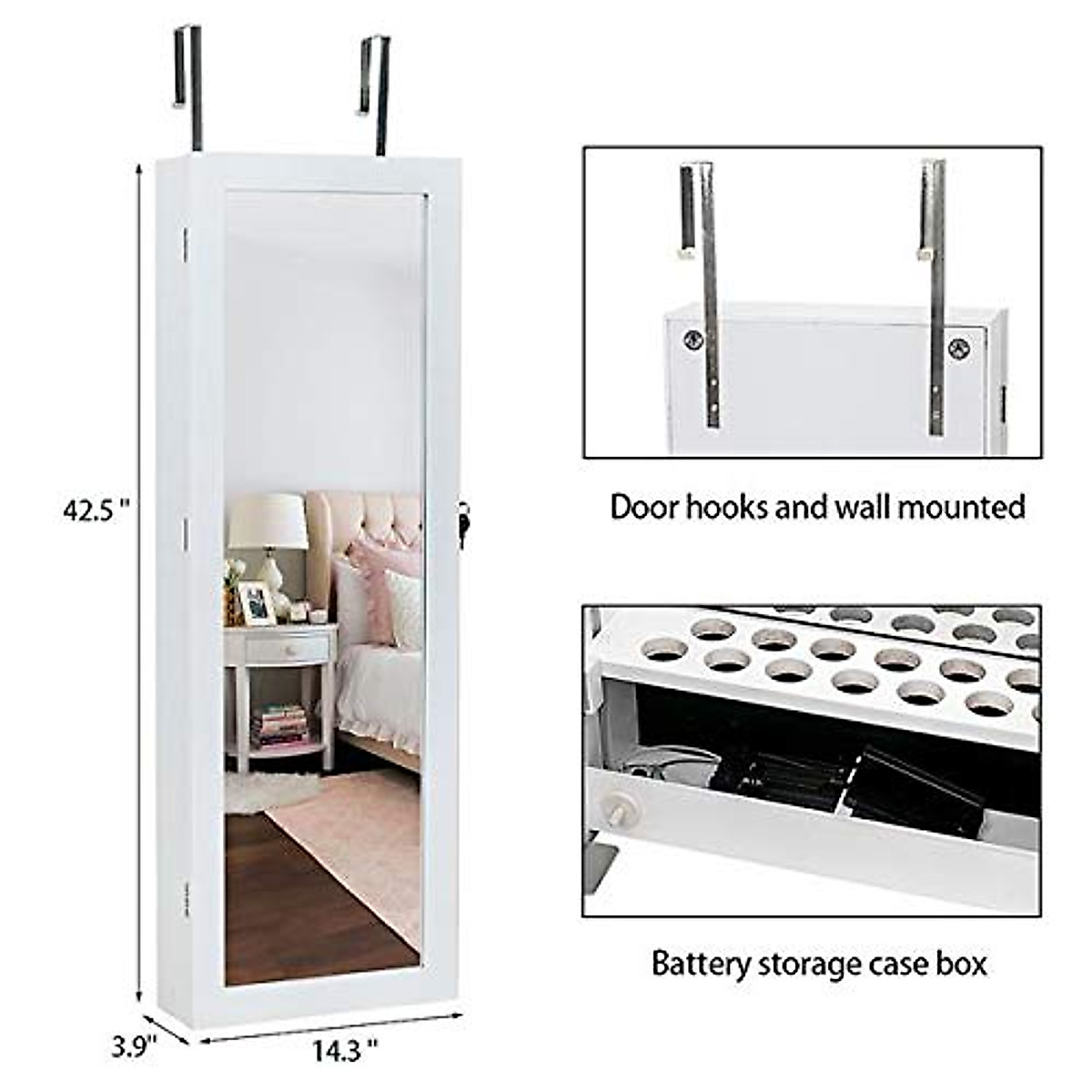 NALLBEIRRAA Jewelry Armoire Cabinet Full Length Hanging Mirror, Makeup Storage Organizer, Wall Mounted, w/Interior Mirror, LED Lights, Lock, Brush Holders, 4 Shelves (White3) …