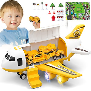 UNIH Toddler Airplane for 2 3 4 5 Year Old Boys & Girls, Kids Toys Plane with Lights and Sounds, Transport Cargo Airplane with 4 Construction Cars