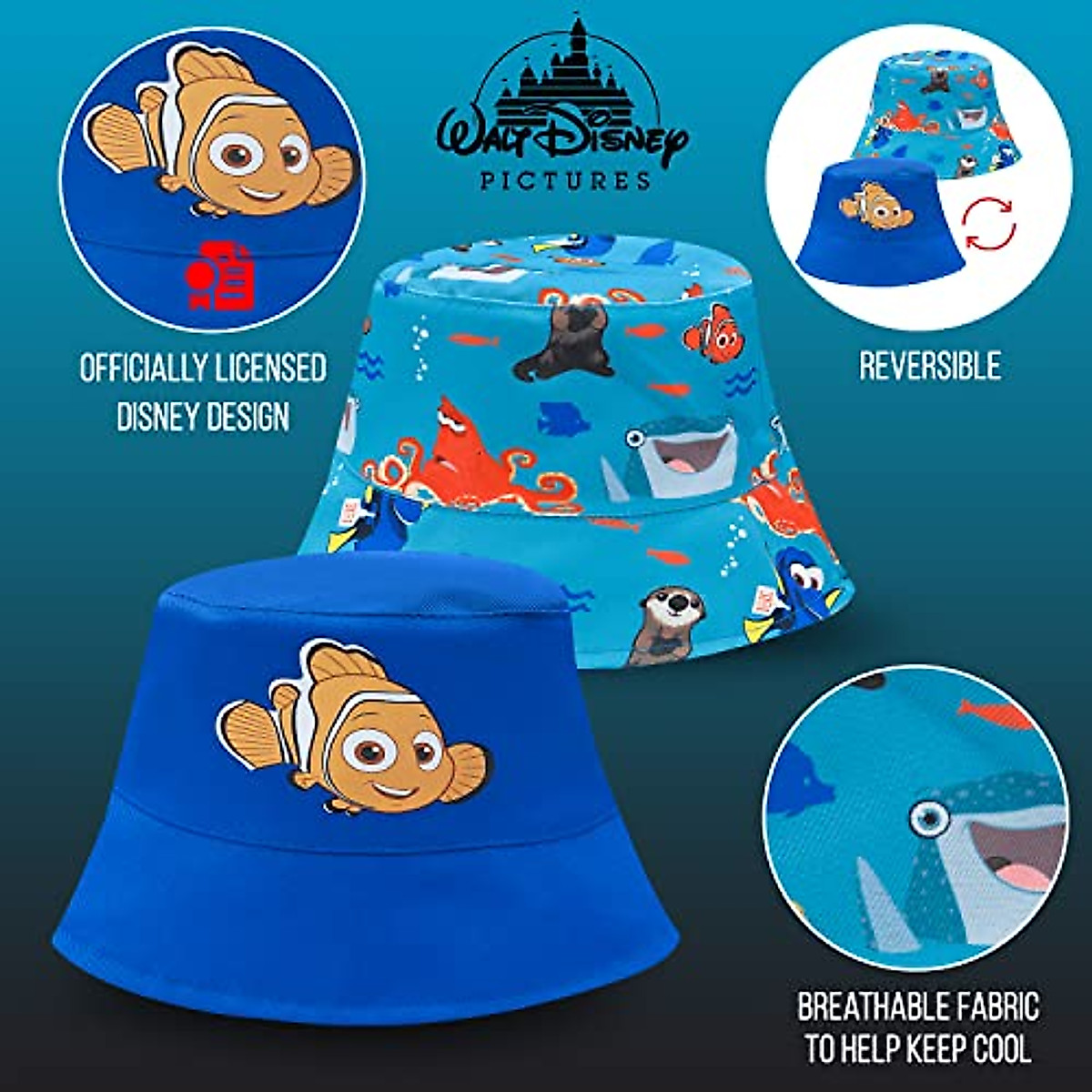 Finding Nemo Kids Sun Hat, Toddler Bucket Hat for Boys, Reversible Kids Sun Hat Boys Bucket Hat Featuring Finding Dory