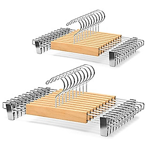 Nature Smile Solid Wooden Skirt Pants Hangers 20 Pack,Premium Wood Bottom Shorts Hangers for Slacks Trousers with Larger Adjustable Anti-Rust Clips (Natural)