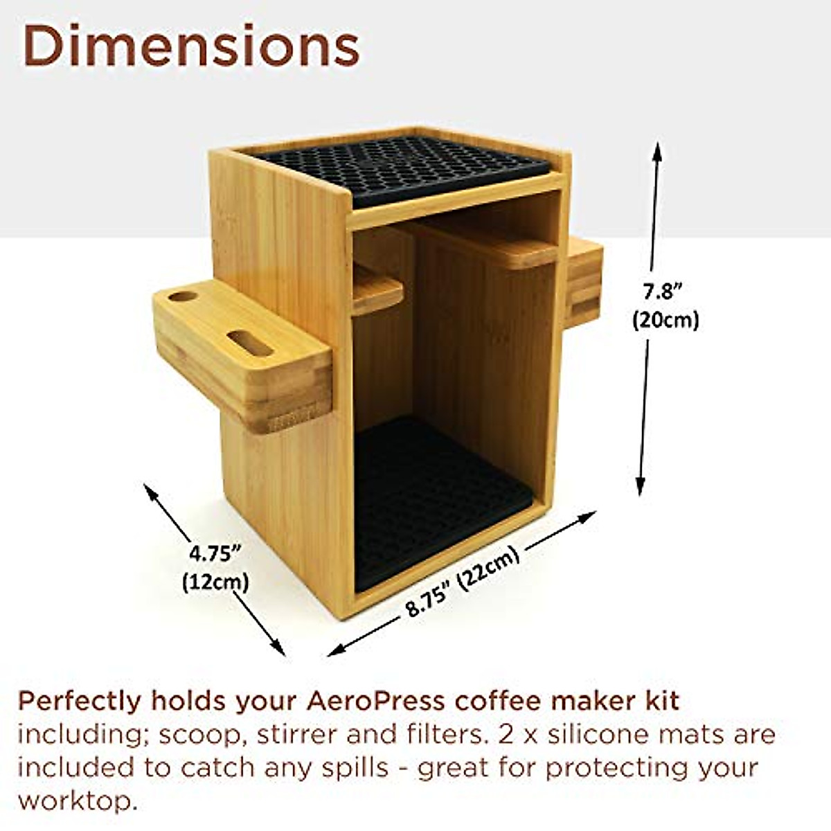 HEXNUB – Compact Bamboo Organizer for AeroPress, Caddy Station Holds AeroPress Coffee Maker, Filters, Cups, Pour Over Accessories With Silicone Dripper Mat, Increased Space Saving (Black)