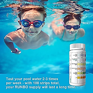 RUNBO Pool Test Strips 7-in-1 (100 Count), Quality Testing Strips - Simple and Easy - Test Free Chlorine, Total Chlorine, Bromine, Total Hardness, Total Alkalinity, pH and Cyanuric Acid