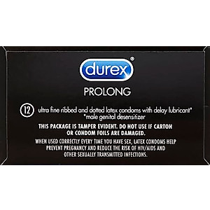 Durex Condom Prolong Natural Latex Condoms, 12 Count - Ultra Fine, ribbed and dotted with delay lubricant, Regular Fit
