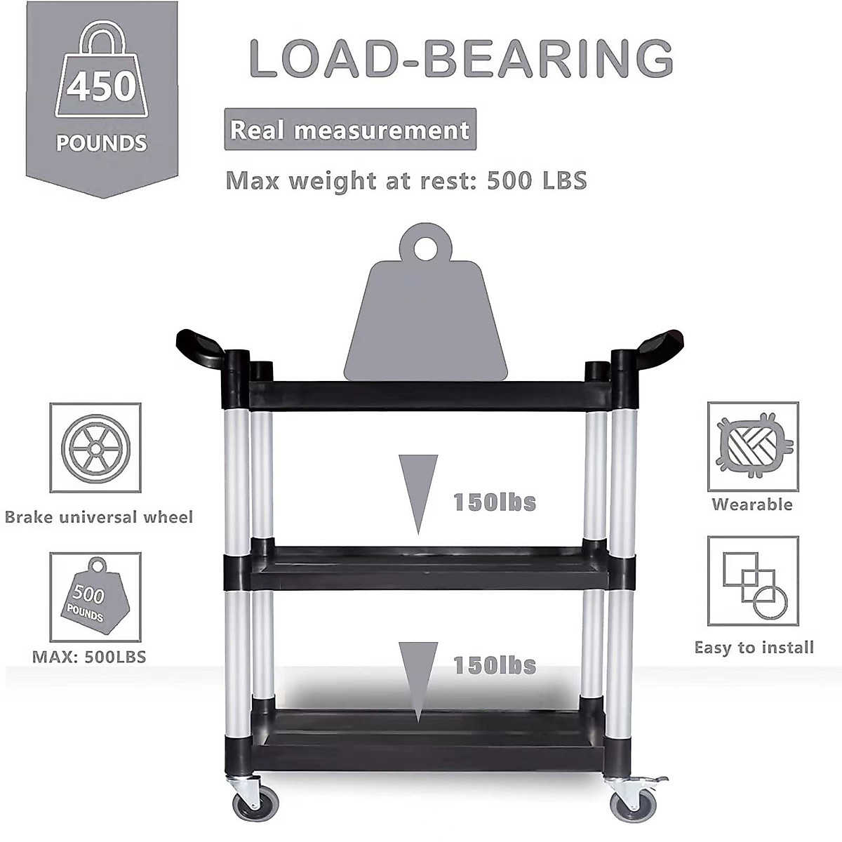 IMGZAR Utility Carts with Wheels Rolling Cart Heavy Duty Food Service Cart for Kitchen Warehouse Office, Free Rubber Hammer, Lockable Wheels, 500 Lbs Capacity 31.5''L X 17''W X 38''H Black