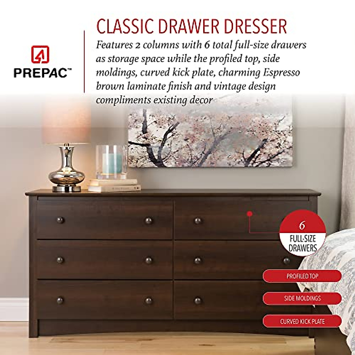 Prepac Fremont Bedroom Furniture: Espresso Double Dresser for Bedroom, 6-Drawer Wide Chest of Drawers, Traditional Bedroom Dresser, EDC-6330-V, 59"W x 17.5"D x 29"H