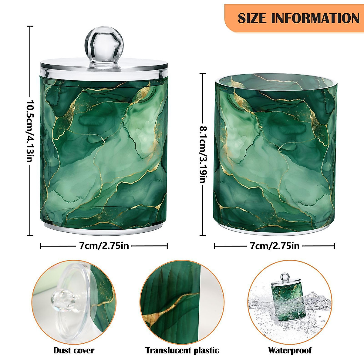 2 Pack Qtip Holder Organizer Dispenser Marble Green Bathroom Storage Canister Cotton Ball Holder Bathroom Containers for Cotton Swabs/Pads/Floss