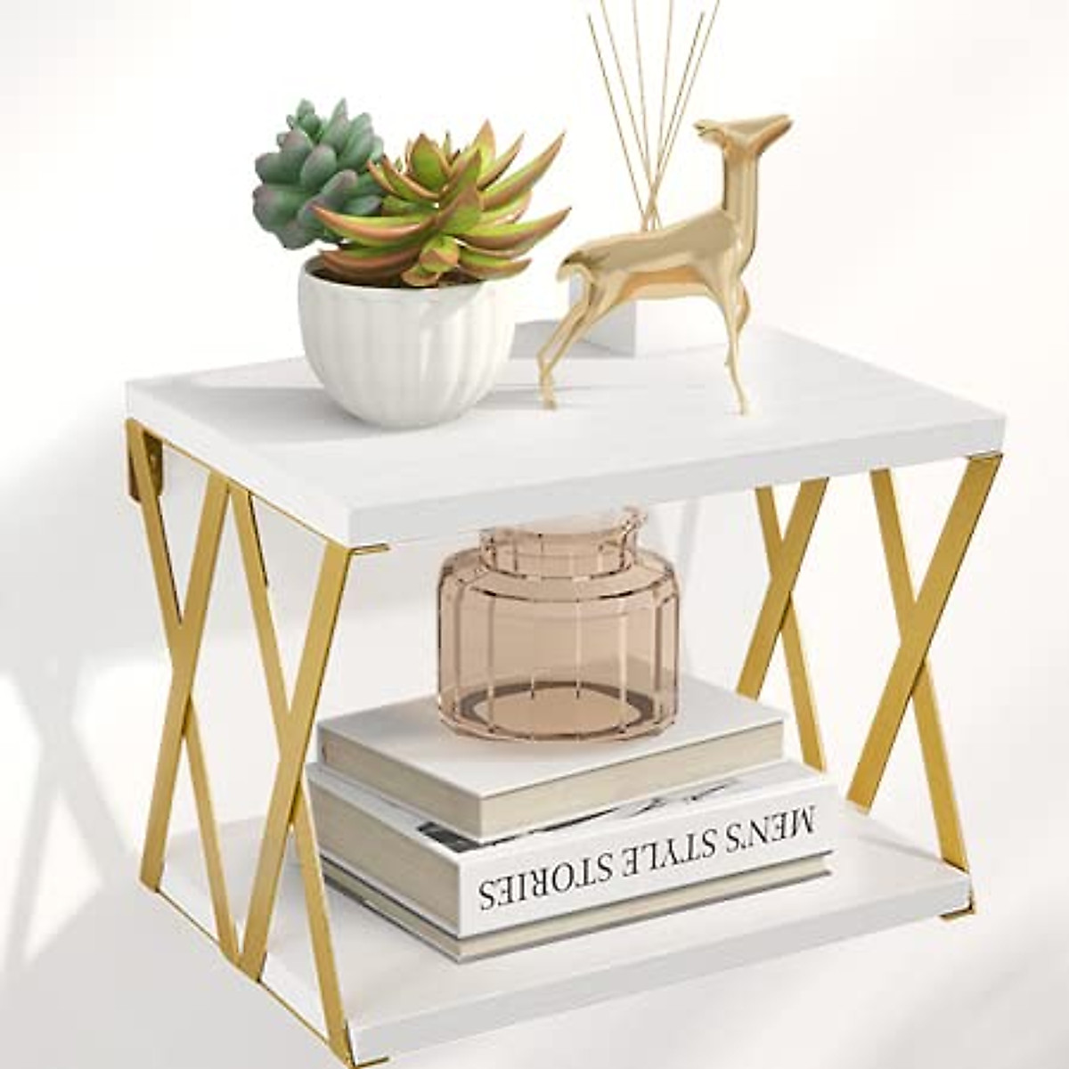 Afuly Floating Nightstand Wall Mounted, 12 Inch Bedside Table for Bedroom Storage Decor, Modern White Gold Wall Shelves for Home Livingroom Bathroom Kitchen Decor